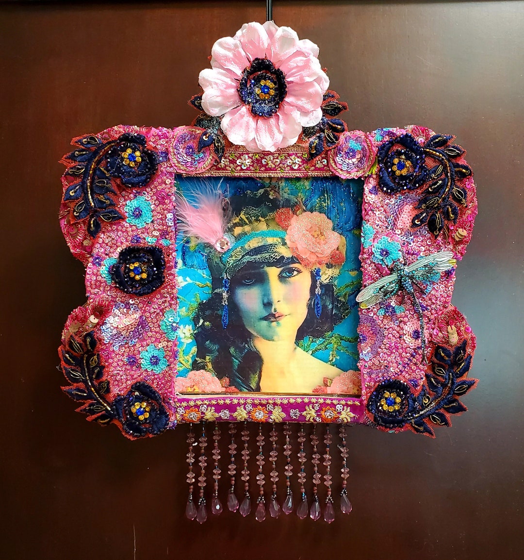 Boho Collage Shadow Box: Beaded Fabric Frame Wall Art (8x10) - Etsy