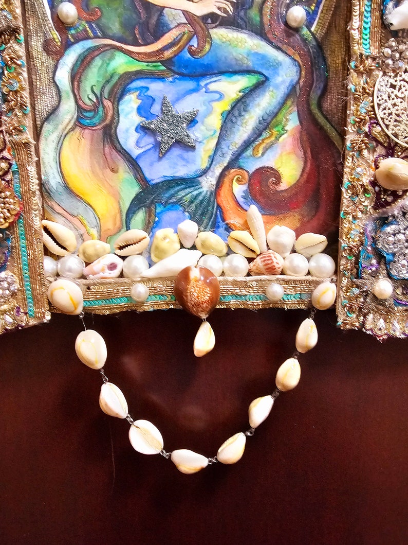 Mermaid Fabric Collage Frame: Seashell & Vintage Jewelry Art (8x10) - Etsy