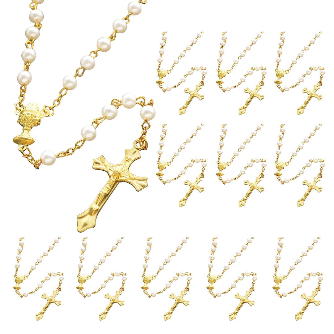 12 Pcs First Holy Communion Pearl Rosary Gold Silver Plated Accents With Chalice Centerpiece ...