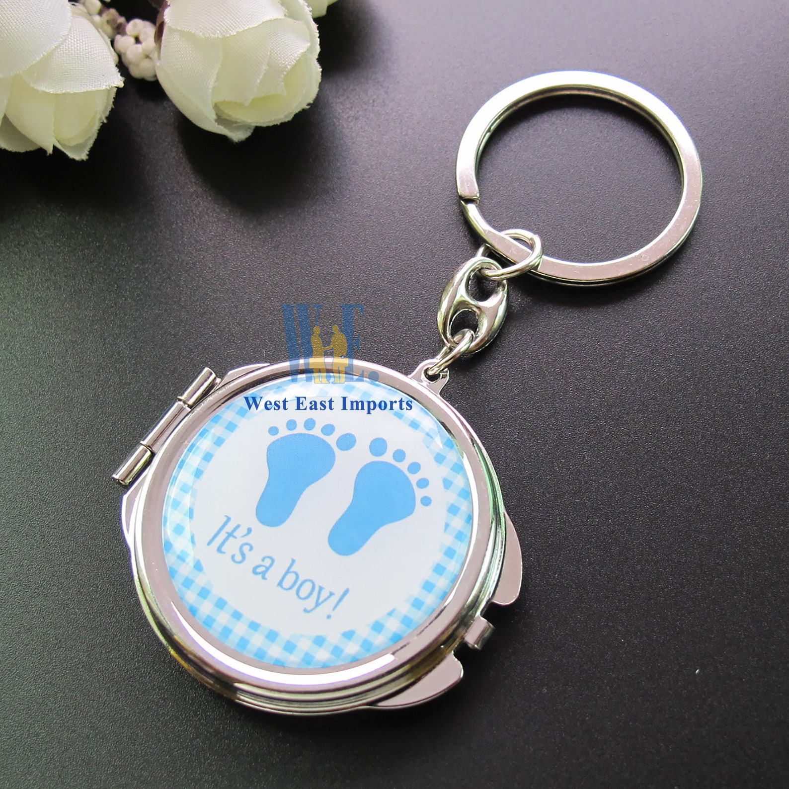 12 PCS Baby Shower Blue Boy Mirror Keychain Favors With Baby Footprint ...