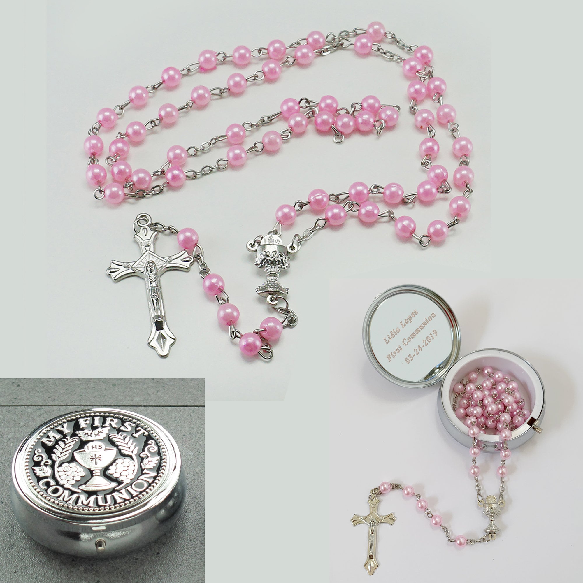 First Communion Pink Rosary With Engraved Metal Box - Etsy