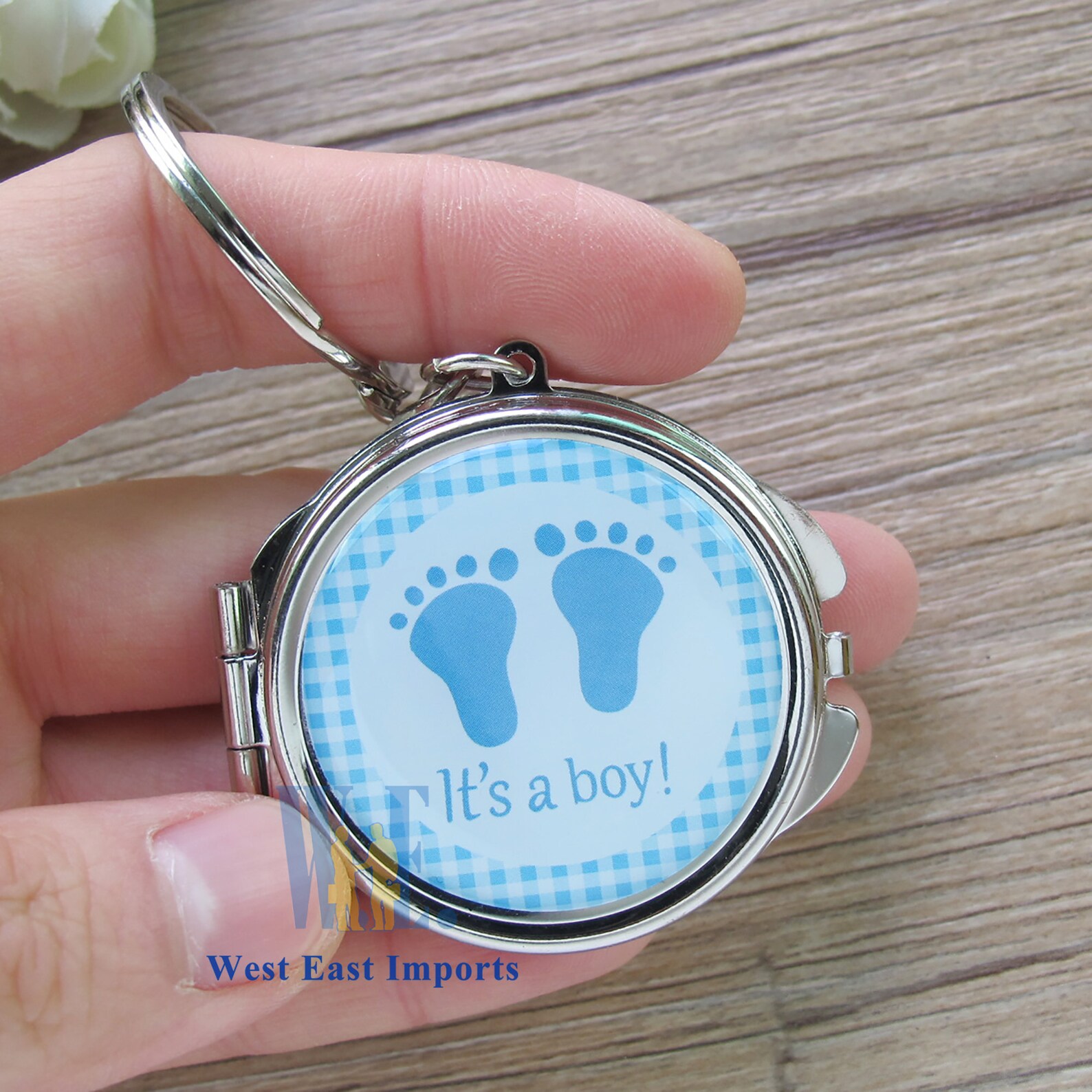 12 PCS Baby Shower Blue Boy Mirror Keychain Favors With Baby Footprint ...
