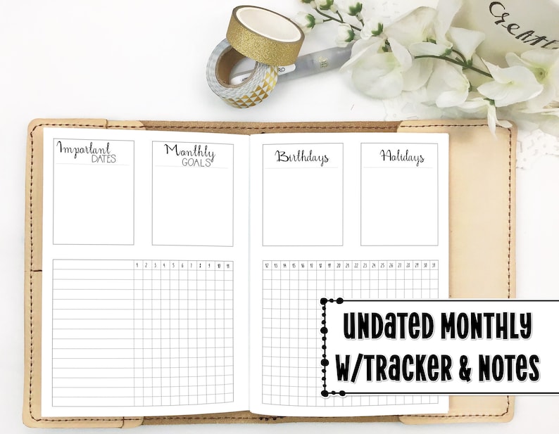 Undated Monthly Travelers Notebook Insert With Tracker & Notes - Etsy
