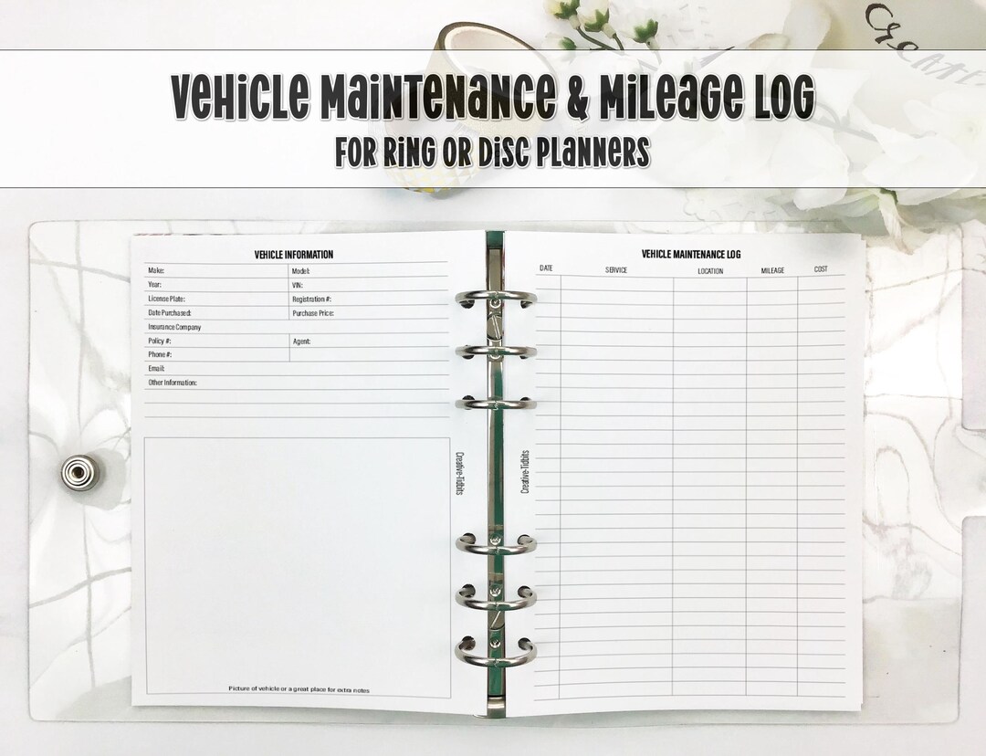 Vehicle Maintenance Log for Ring and Disc Bound Planners Printed ...