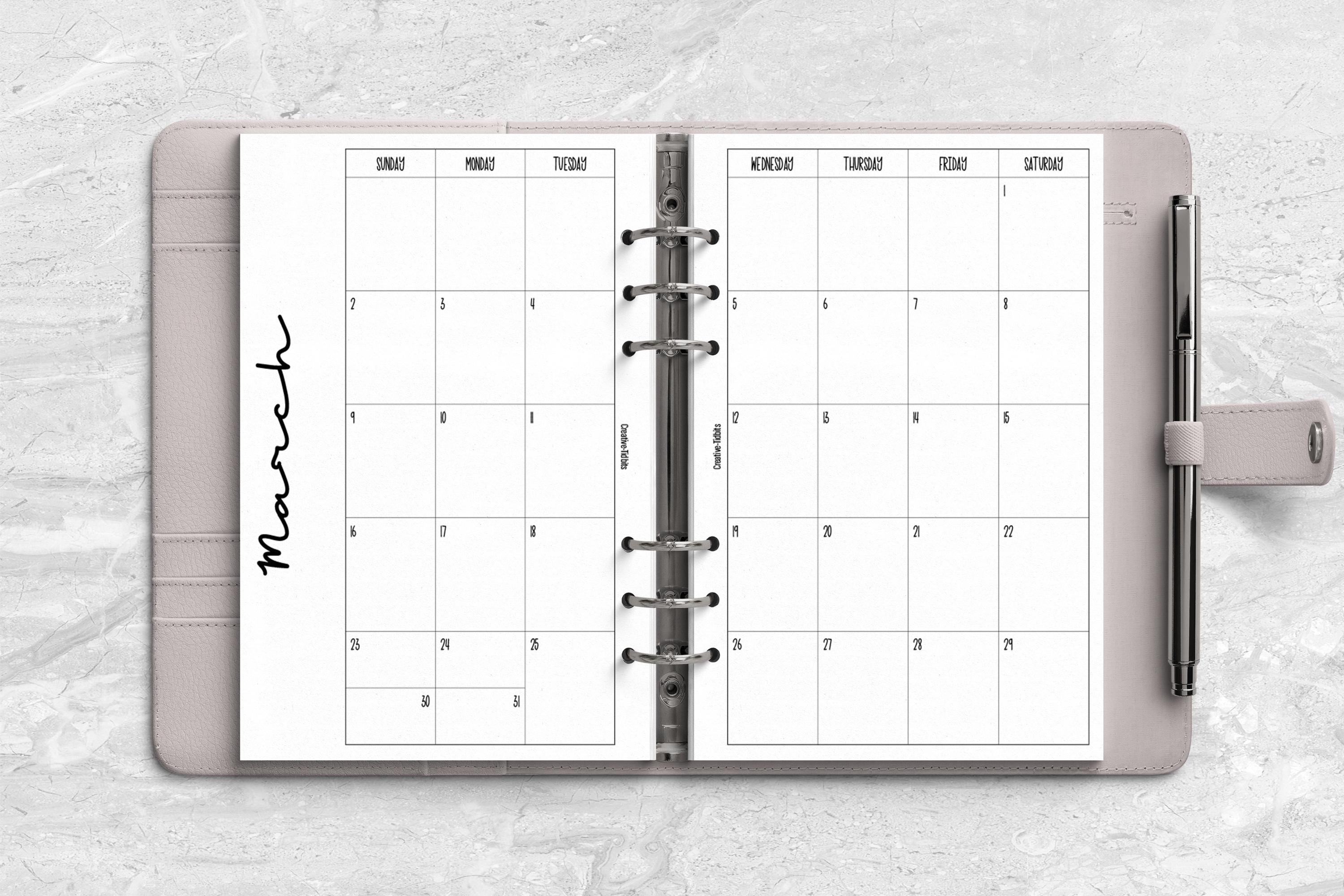 Dated Monthly Calendar for Ring or Disc Bound Planner - Dated Monthly ...