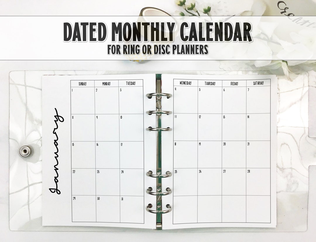 Dated Monthly Calendar for Ring or Disc Bound Planner Dated Monthly ...