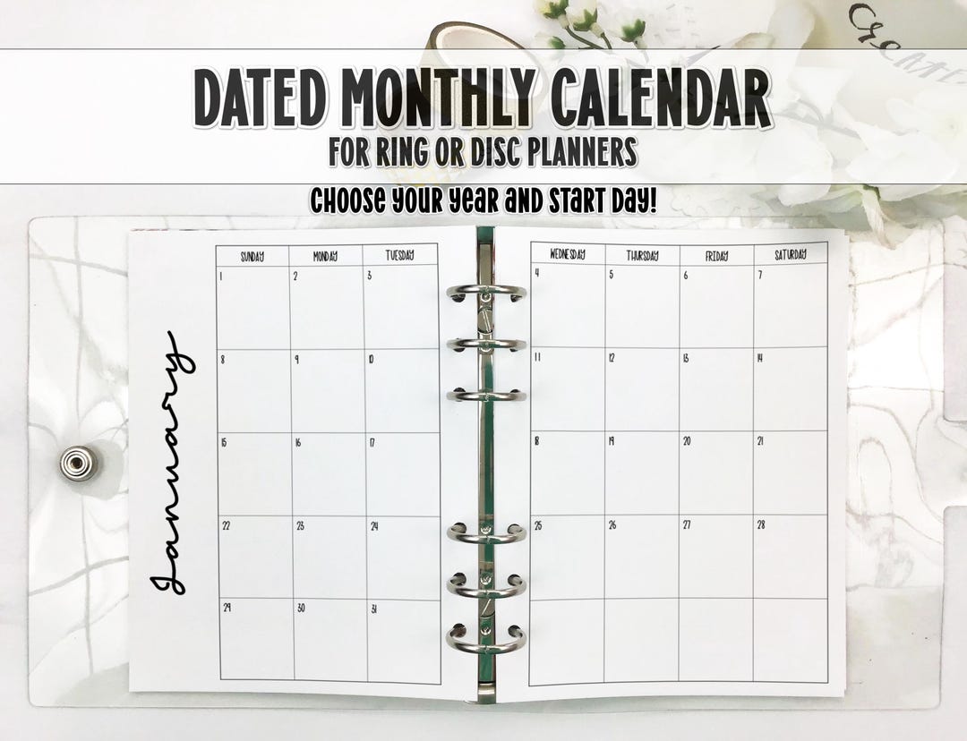Dated Monthly Calendar for Ring or Disc Bound Planner - Dated Monthly ...