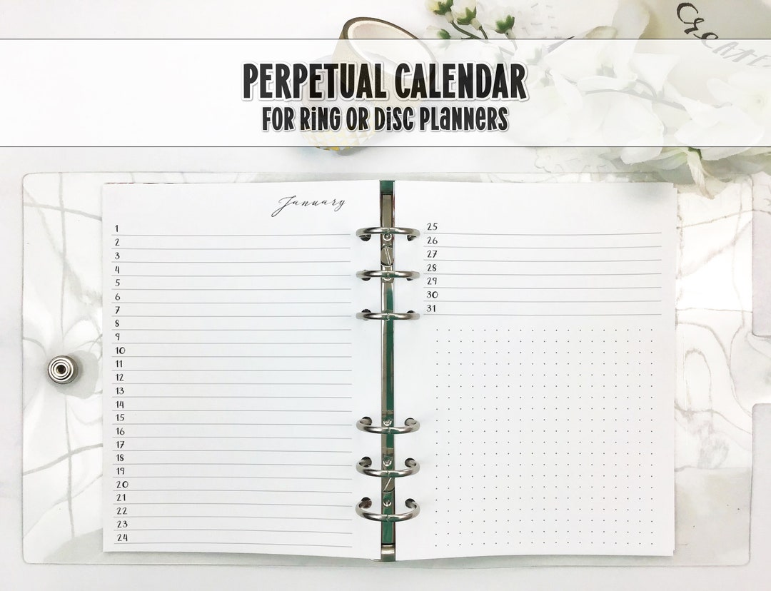 Perpetual Calendar Insert for Ring and Disc Bound Planners - Printed ...