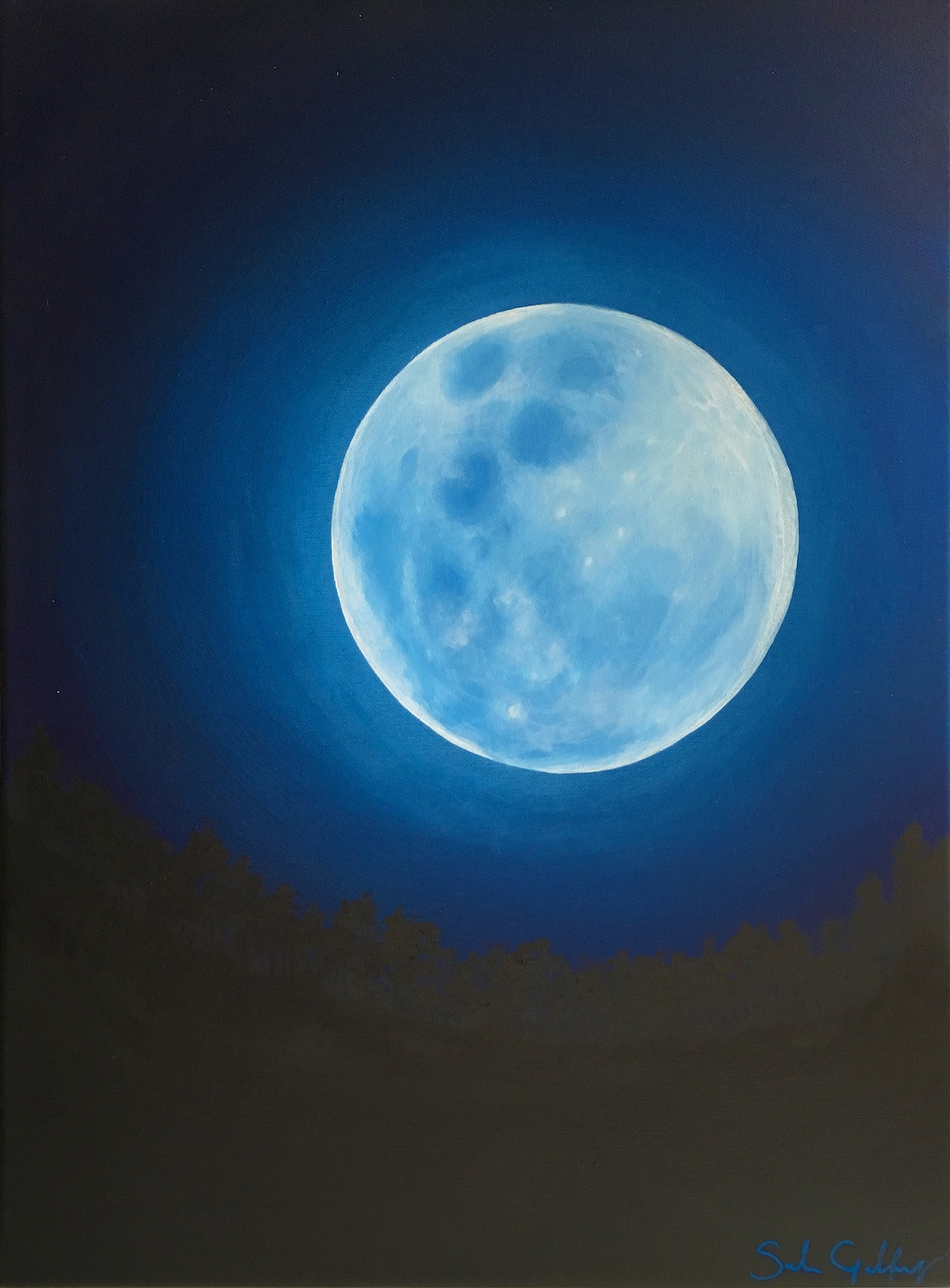 Blue Moon Painting, Celestial Art, Glowing Moon Wall Art, Bright Moon ...