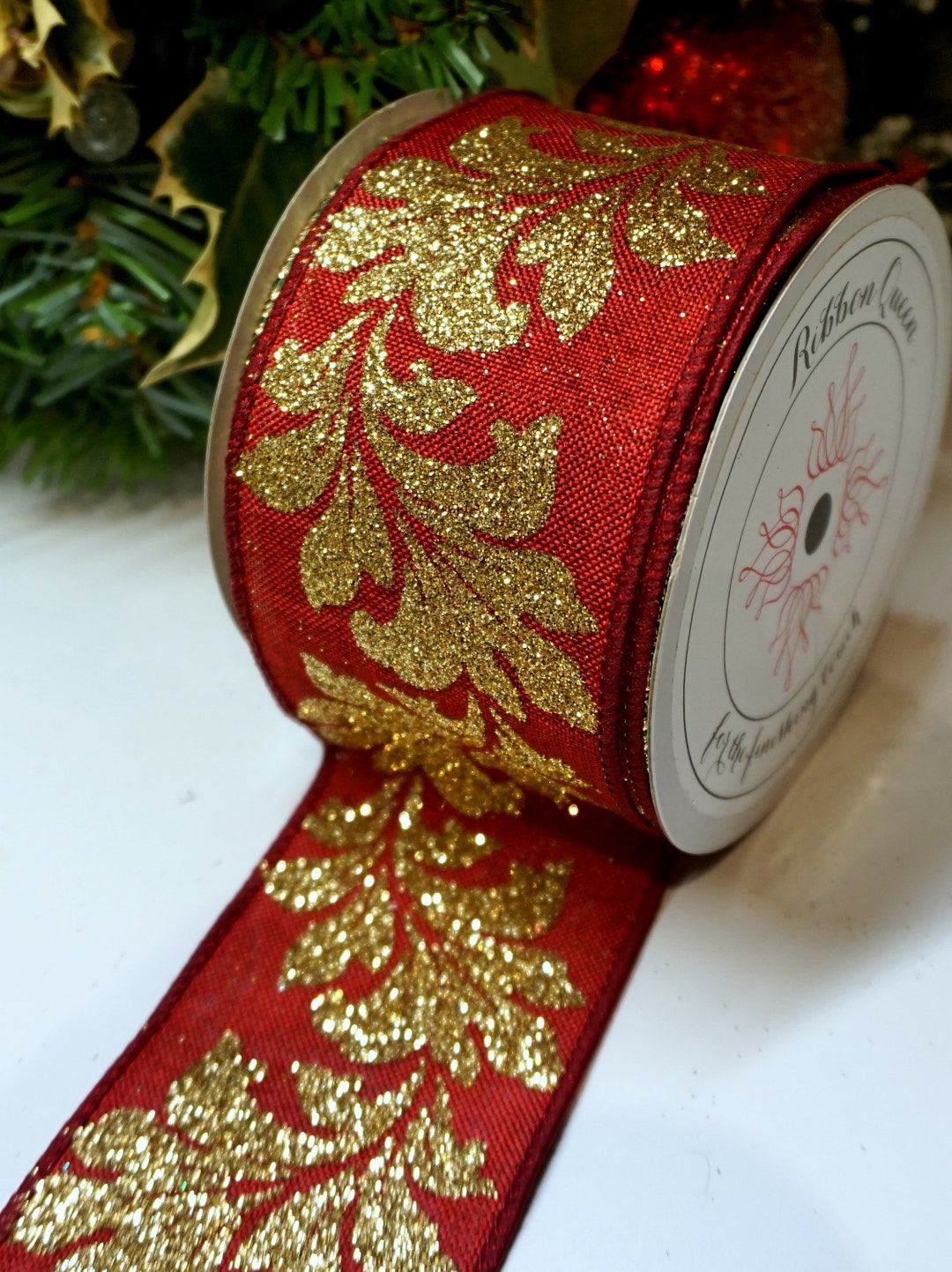 Wired Burgundy Red and Gold Glitter Baroque Leaf Wire Edged Ribbon 2.5 ...
