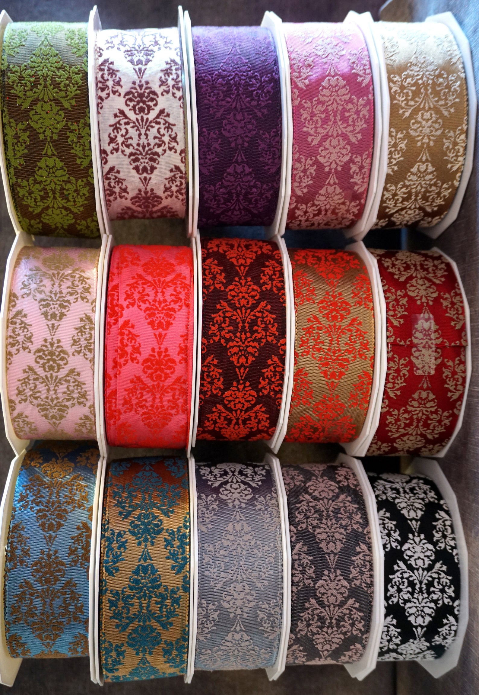 French Damask Wire Edged Wired Edge Ribbon, 1.5" Wide 15 Colours ...