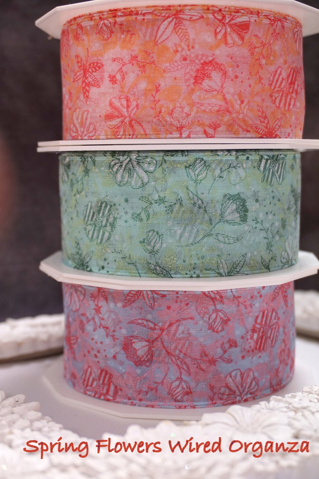 2m of French Spring Flowers 1.5" (38mm) Organza Wire Edge Wired Wreaths ...