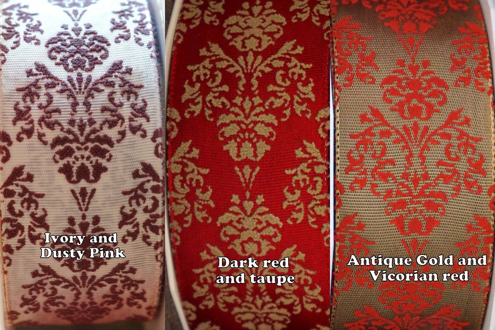 French Damask Wire Edged Wired Edge Ribbon, 1.5" Wide 15 Colours ...
