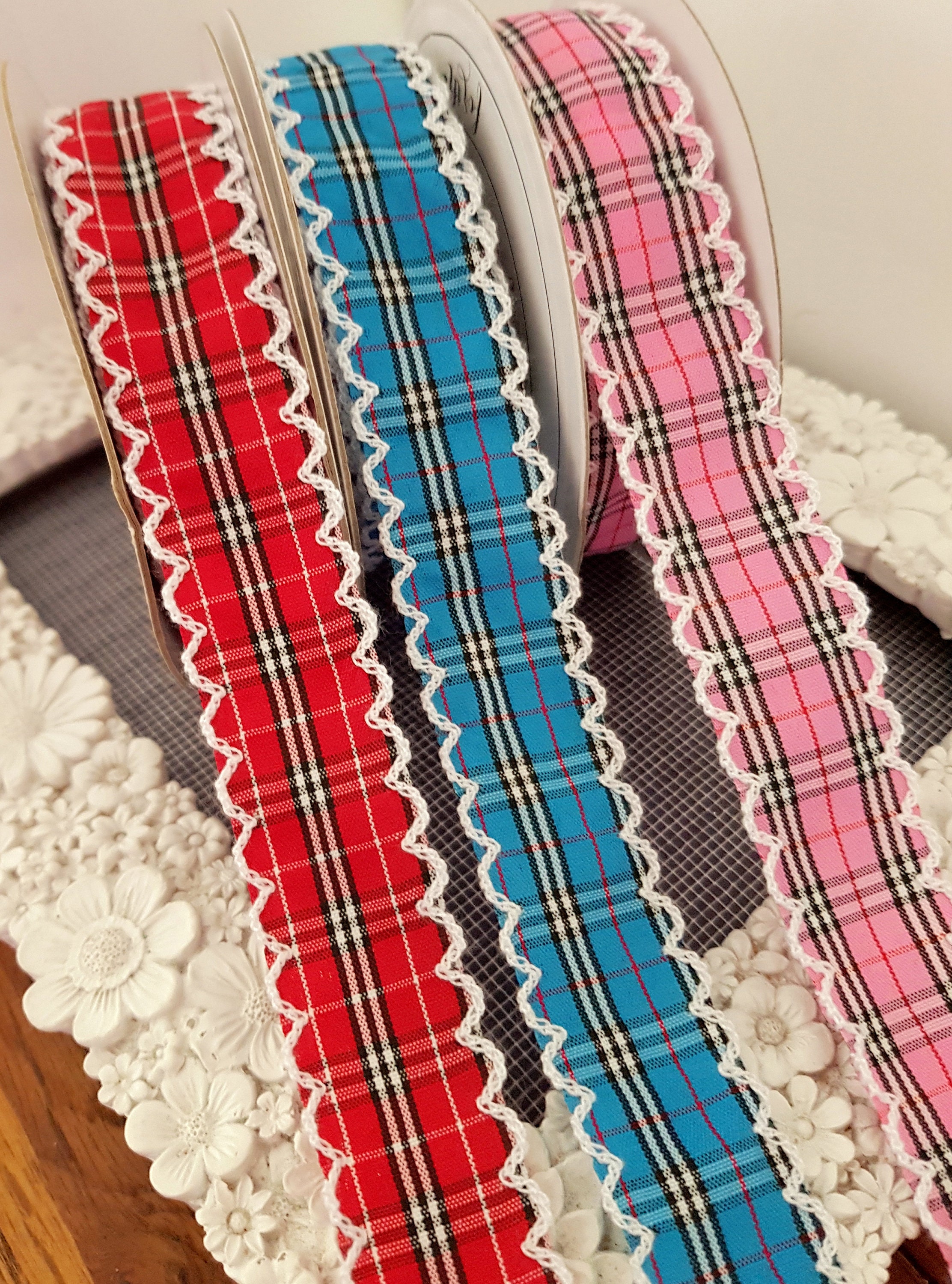 1 Wide Lace Edge Tartan Plaid Ribbon Many Colours Red - Etsy UK