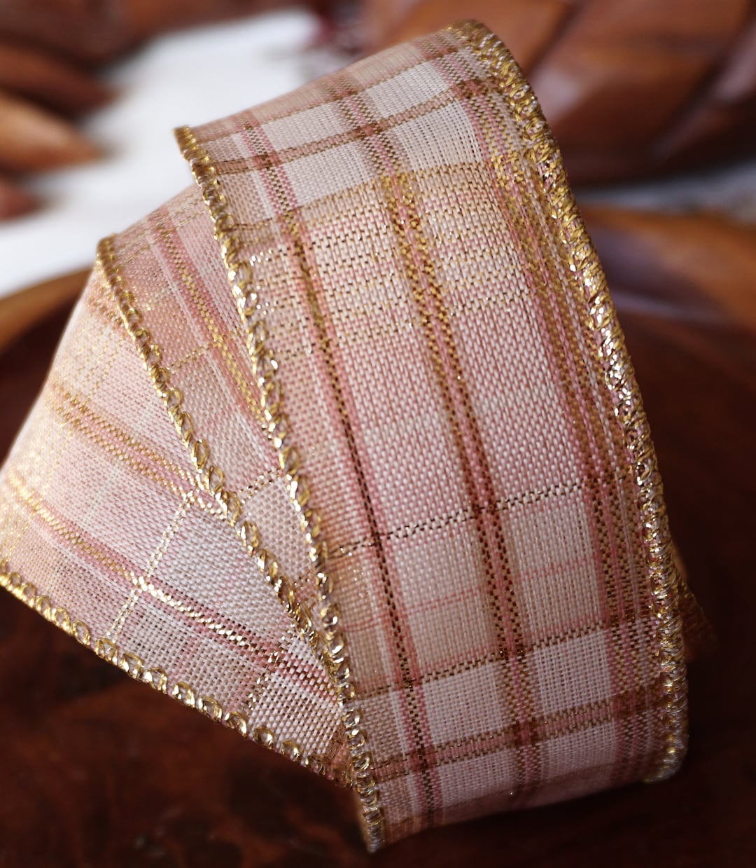 Rose Pink Gold Check Wired Wire Edged Ribbon, 3m X 1.5" Wide Christmas ...