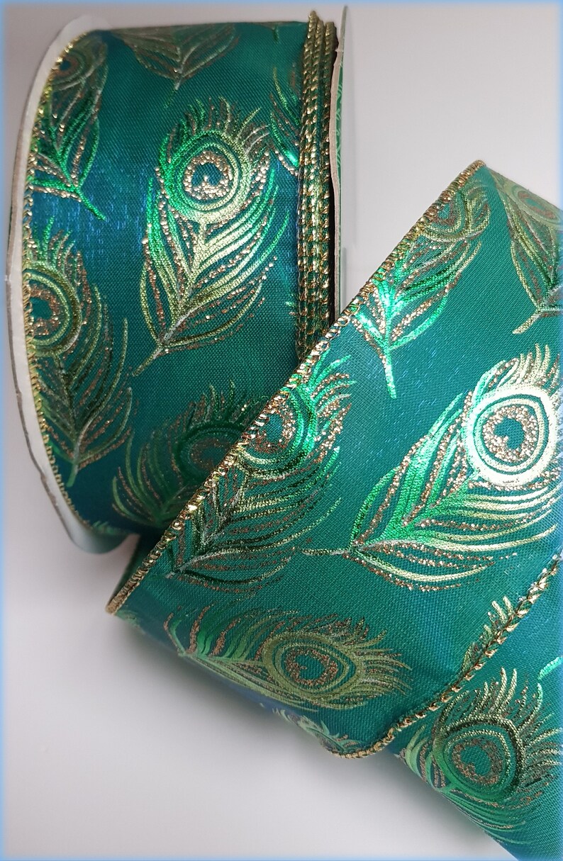 Ribbon Queen Wire Edged Peacock Feather Faux Silk Blue Green - Etsy