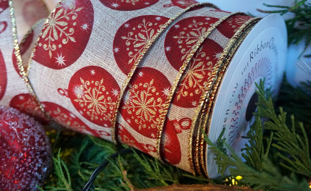 Victorian Red Baubles Wire Edged Wired Ribbon 2.5" Christmas Burlap ...
