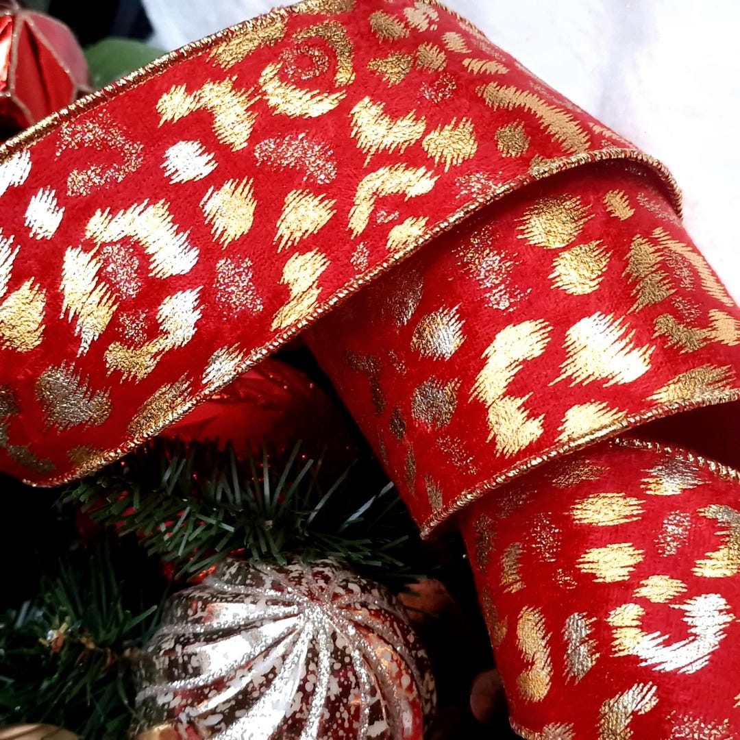 2.5" Red Velvet Ribbon With Burnished Gold and Copper Leopard Print ...