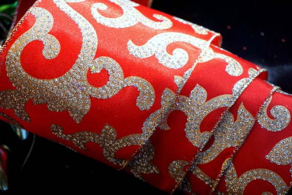 4 Luxury Red and Silver Glitter Scroll Wired Wire Edge | Etsy