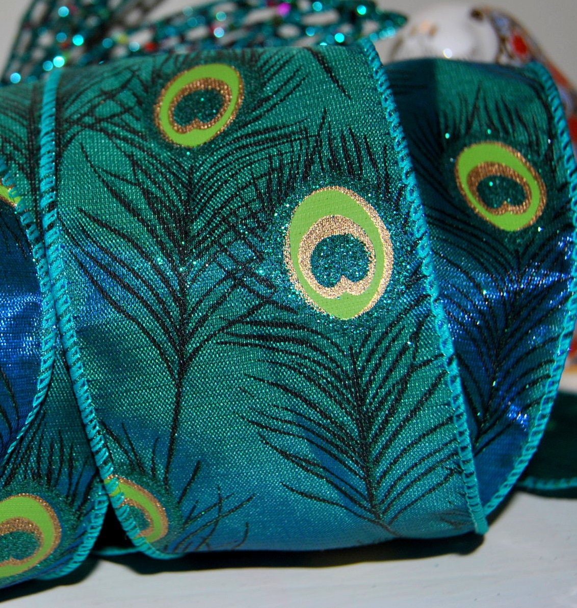 Ribbon Queen Wire Edged Peacock Feather Faux Silk Blue Green