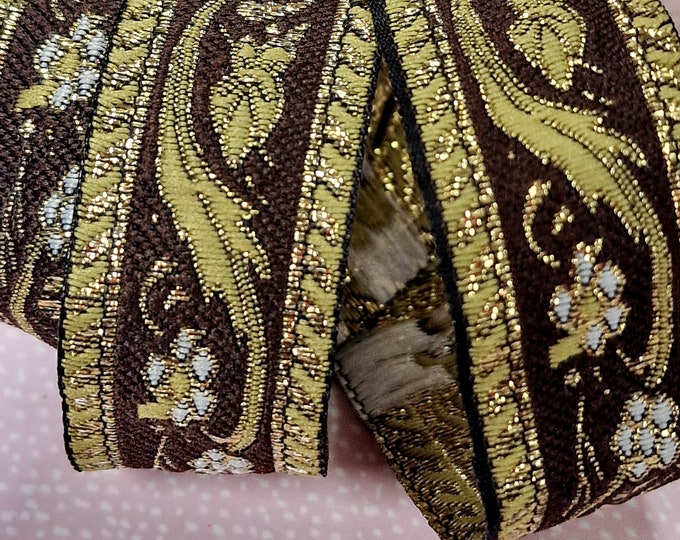 Vintage French Jacquard Braid Ribbon (25mm), Brown, Metallic Gold ...