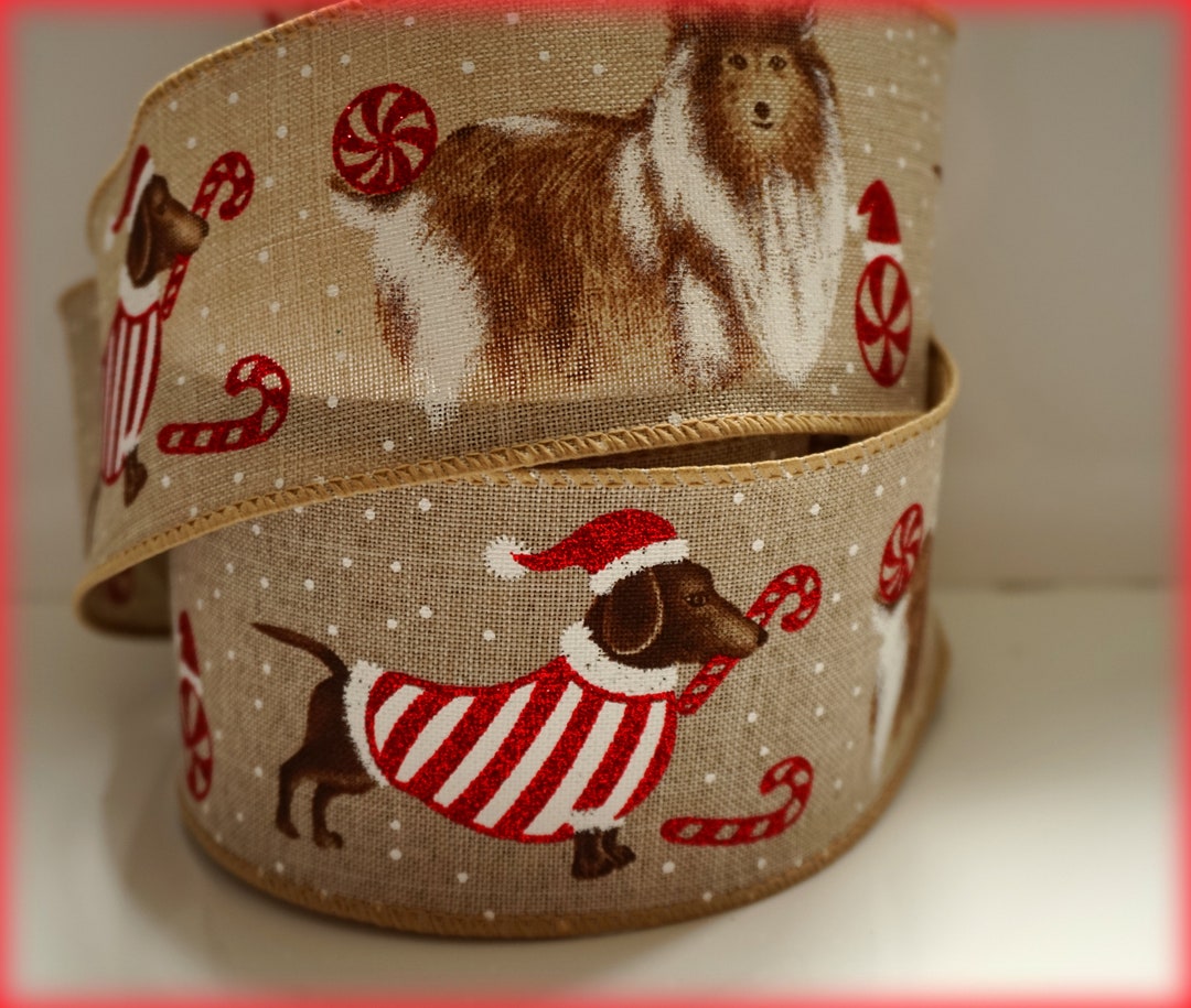 3m X 2.5" Wired Wire Edge Ribbon Vintage Christmas Burlap Dachshund ...
