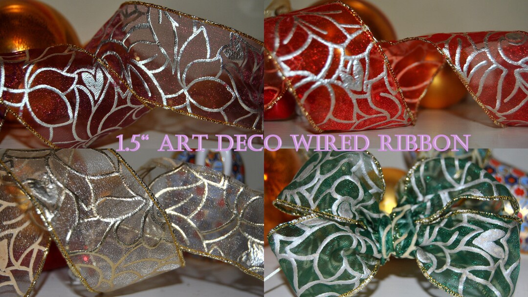 Wire Edged Art Deco Style Wired Ribbon, 1.5" Wide, Green, Ivory, Red ...