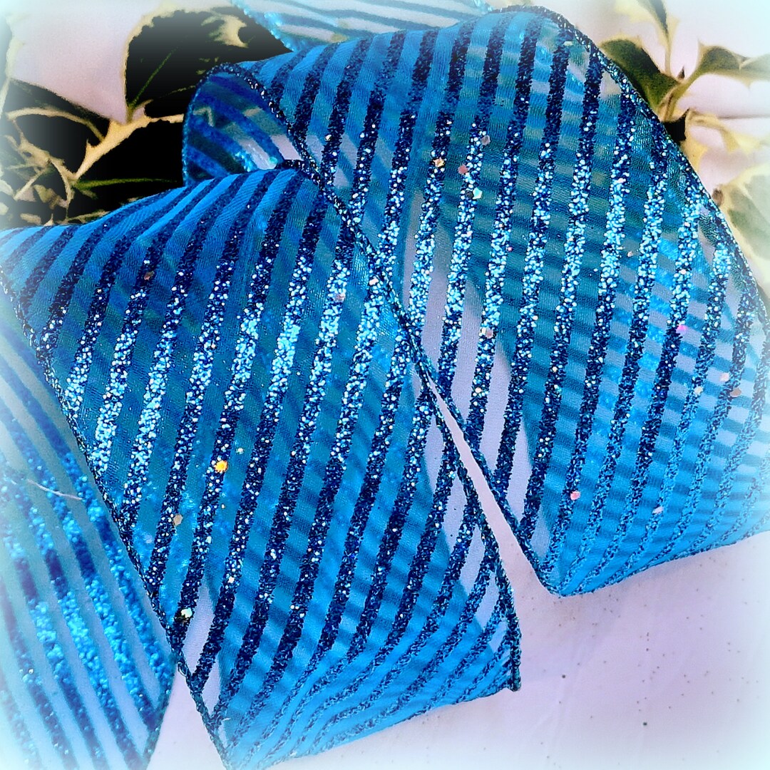 Wire Edged Frozen Turquoise Blue Organza Glitter Striped Wired Ribbon ...