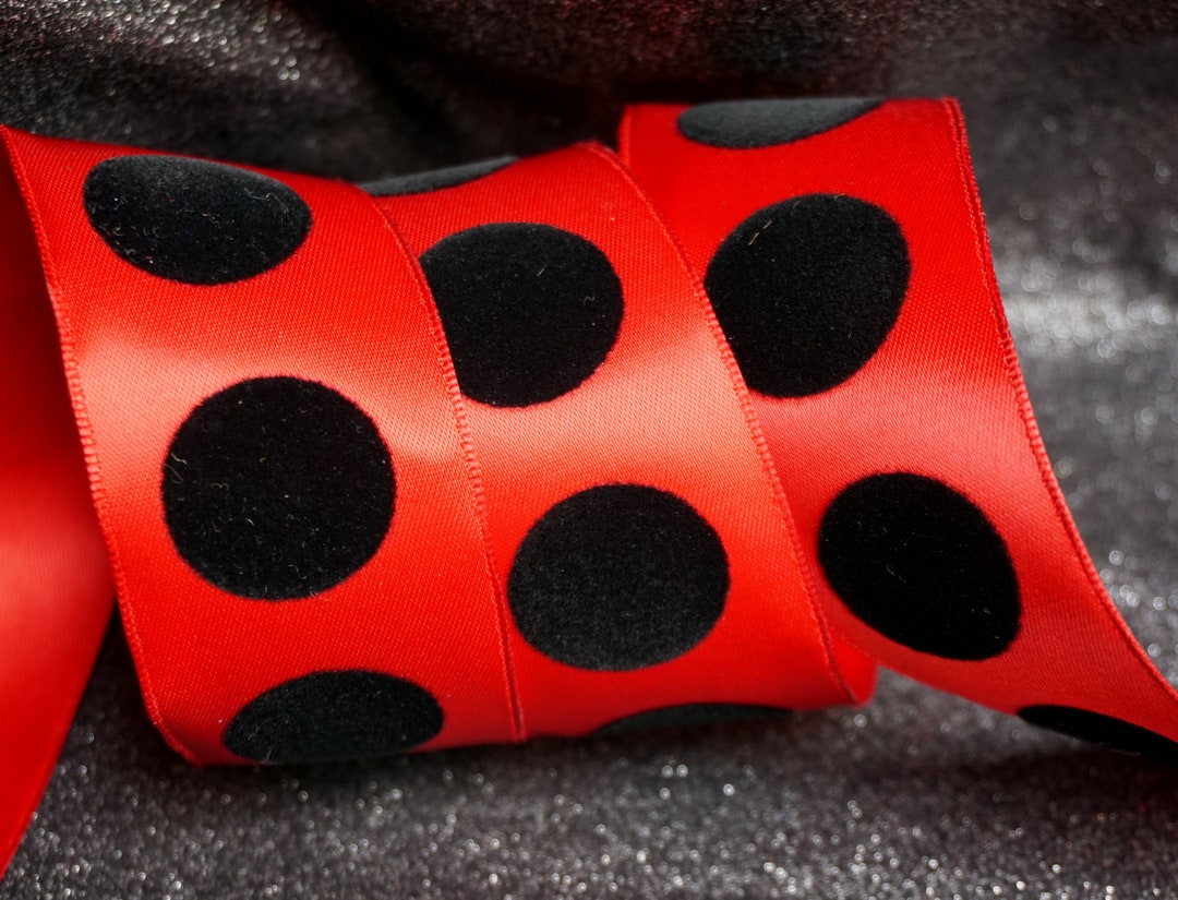 Red Satin and Black Velvet Spot Wired Wire Edged Ribbon, 1.5" Wide ...