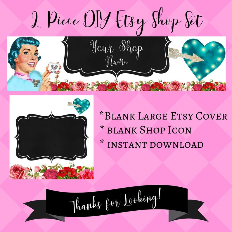 DIY Etsy Set, Retro Etsy Cover, Instant Download, Vintage Banner, Teal ...
