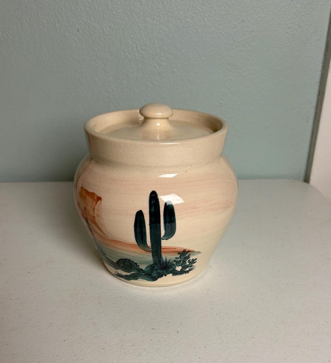 Ellis Prod Pottery Vintage Lidded Clay Pottery Jar With Desert Motif - Etsy