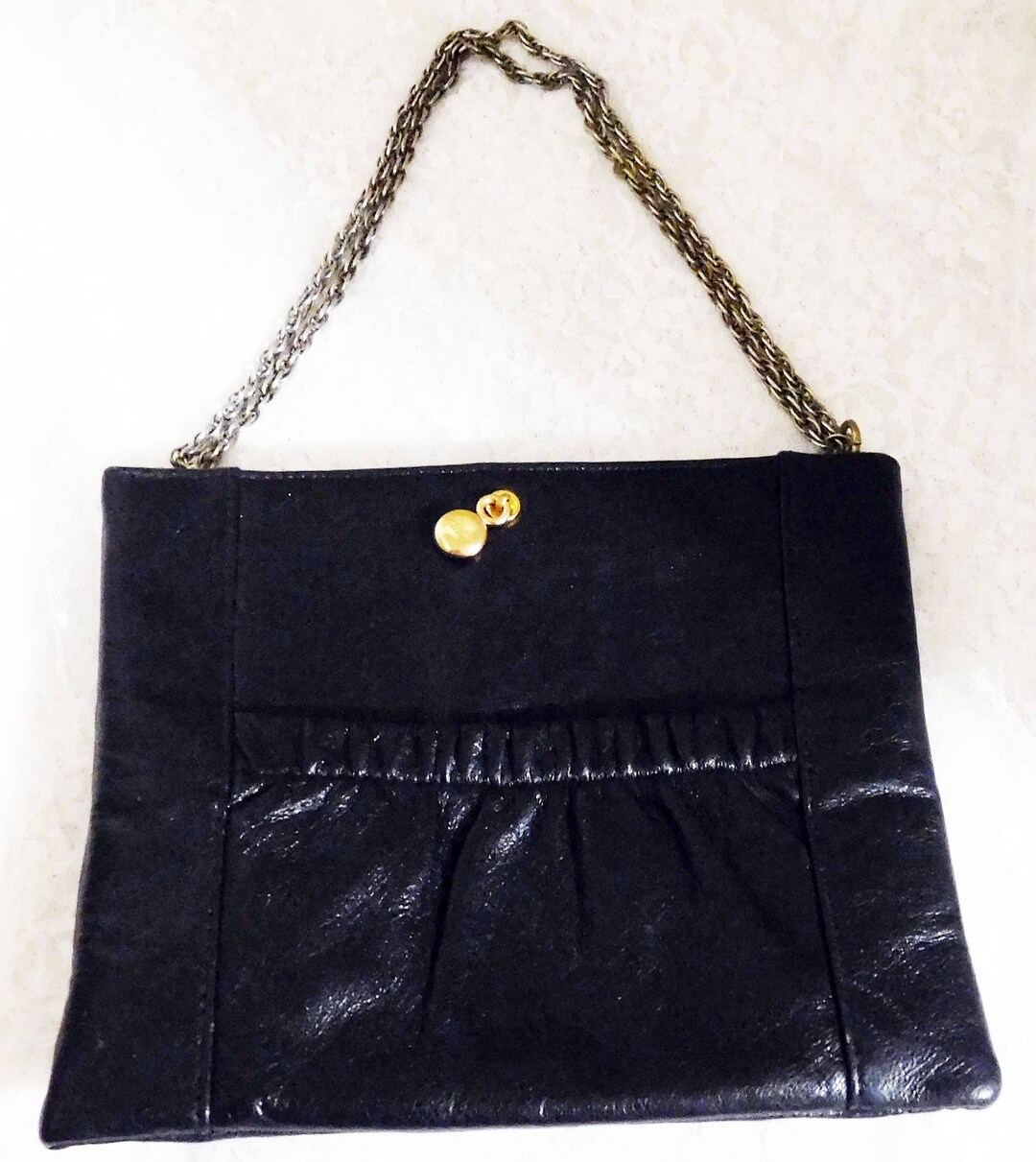 Vintage Ande' Black Leather Envelope Purse/handbag With Chain Handle 7 ...