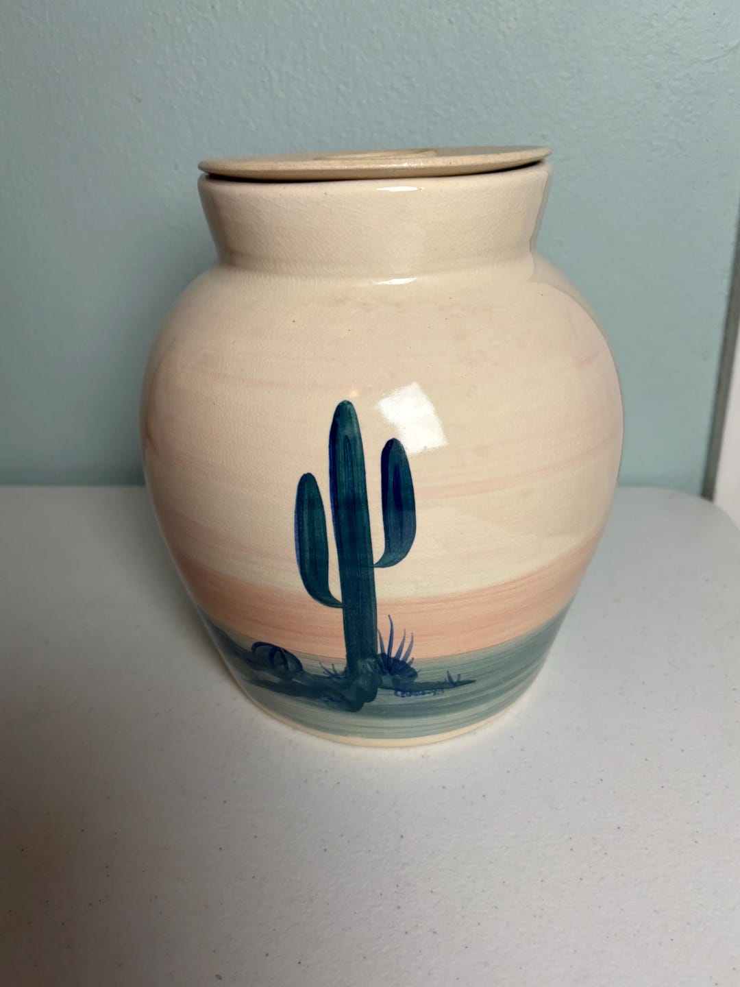 Ellis Prod Pottery Large Vintage Lidded Clay Pottery Jar With Desert ...