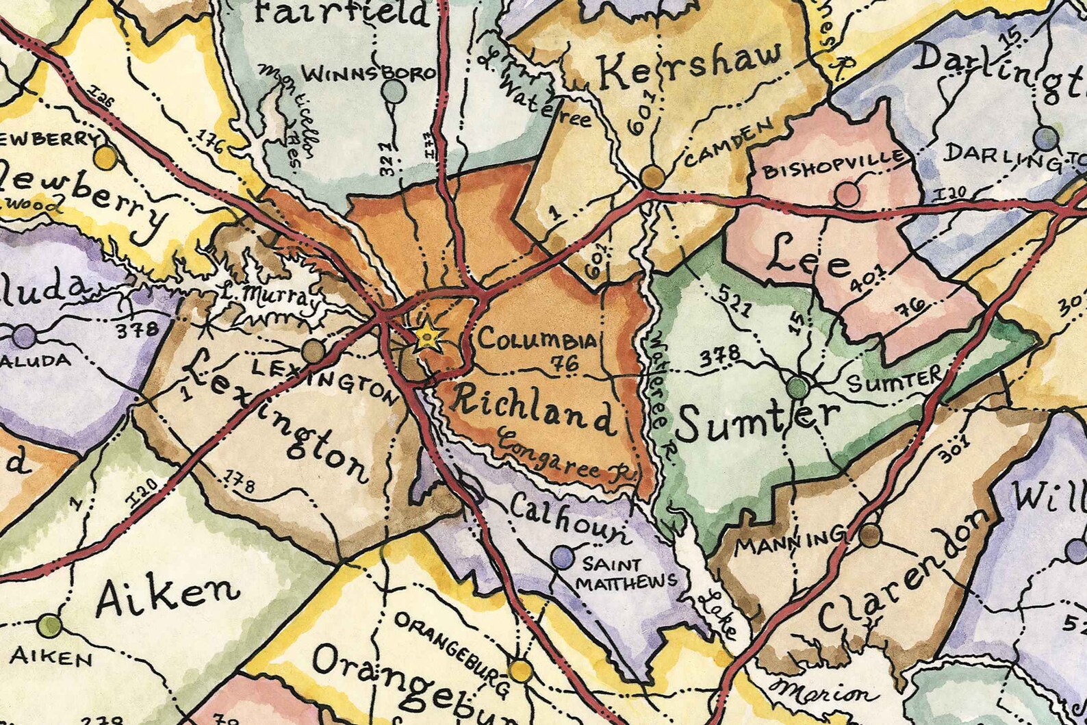 South Carolina Map, SC State Map, Charleston Coastal Map, Hand-drawn ...