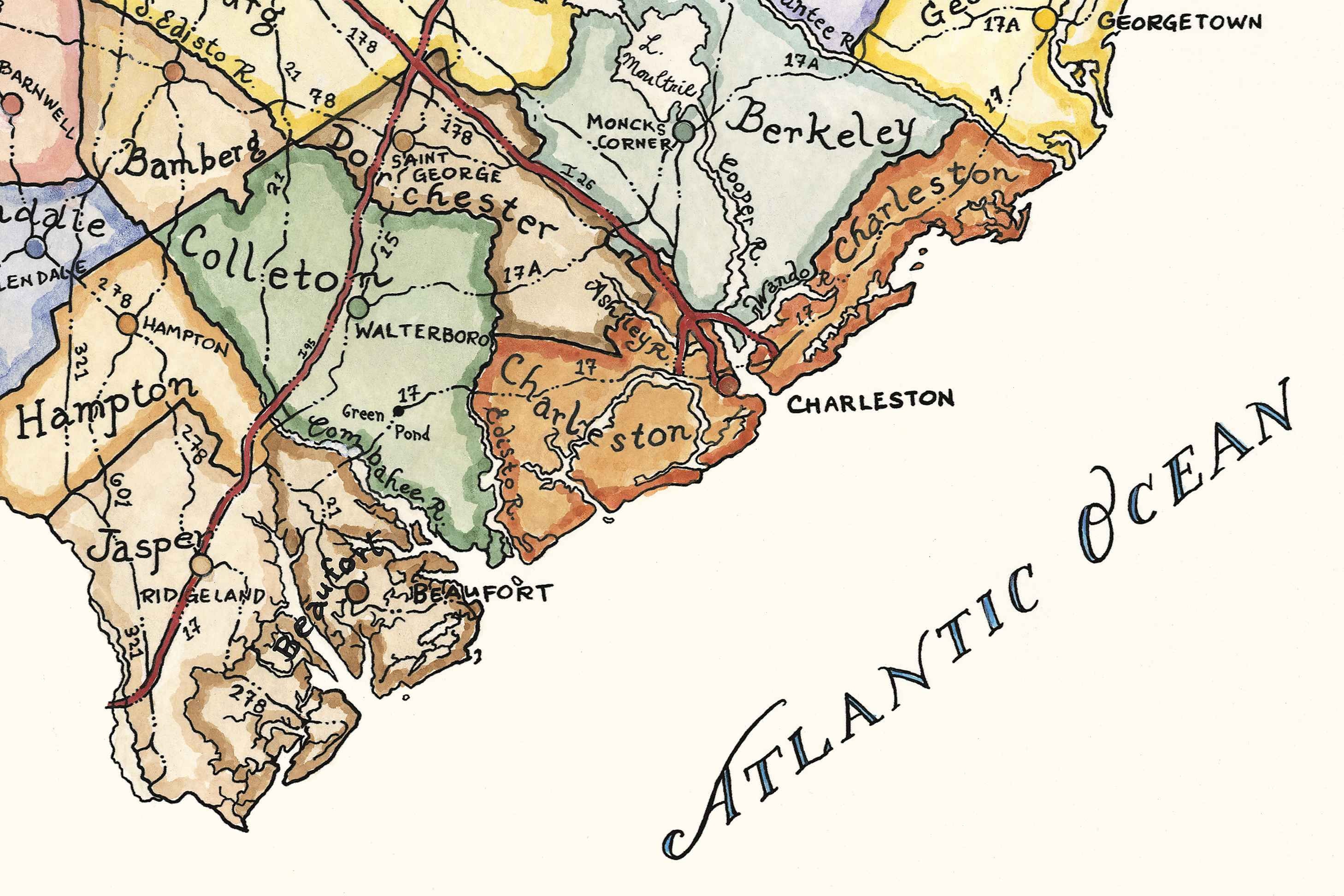 South Carolina Map, SC State Map, Charleston Coastal Map, Hand-drawn ...
