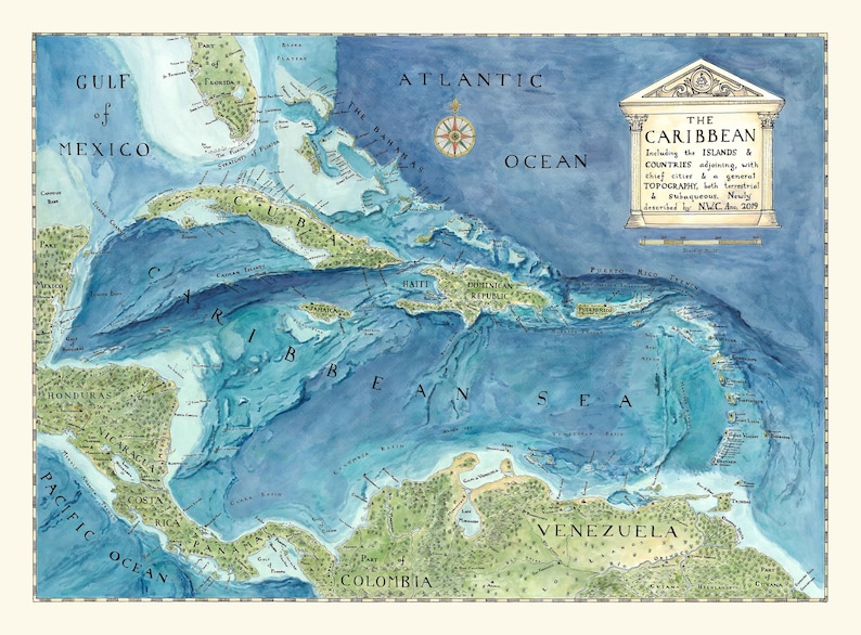 Map of Caribbean Islands, Caribbean Map, Caribbean Map Gift, Coastal ...