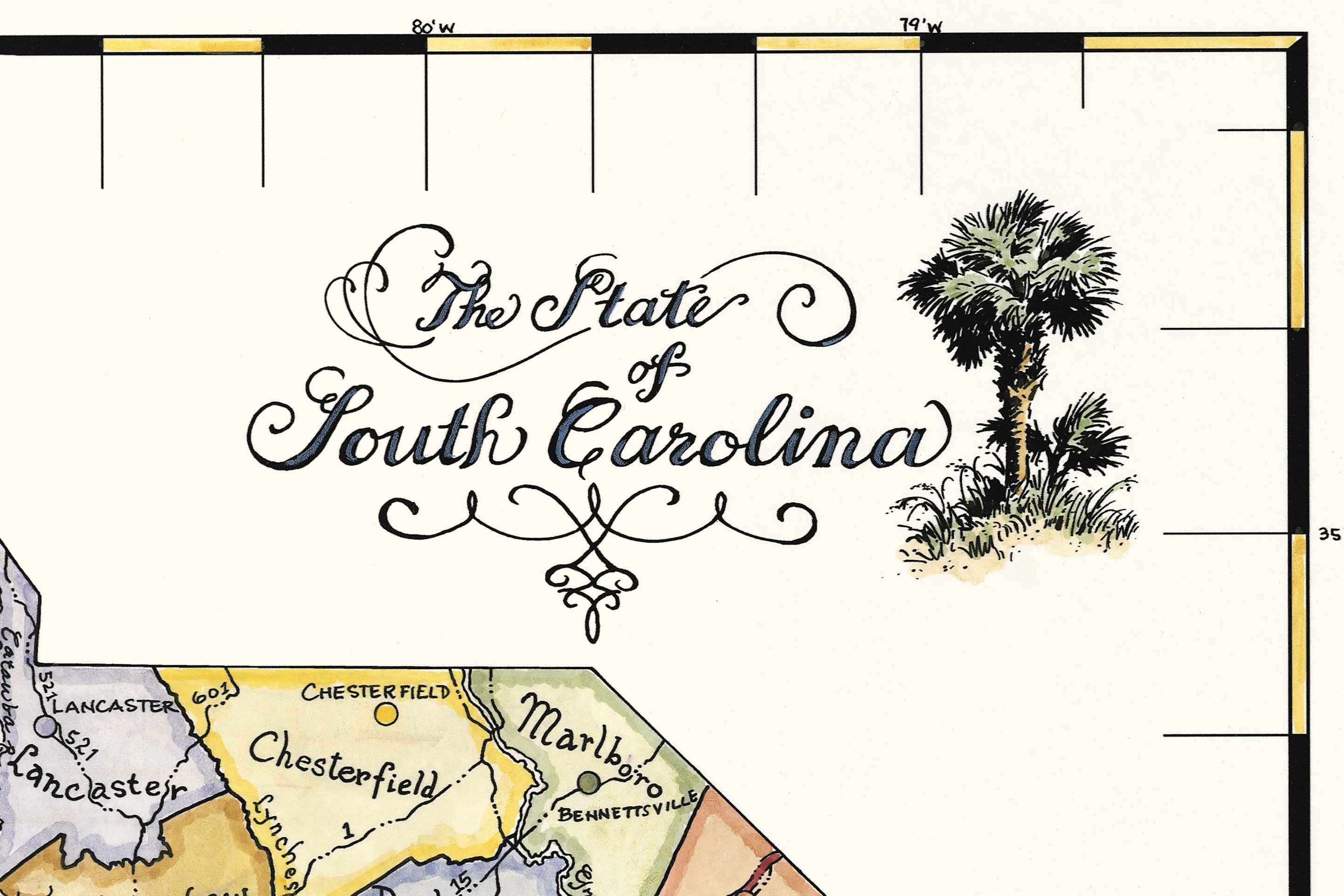 South Carolina Map, SC State Map, Charleston Coastal Map, Hand-drawn ...