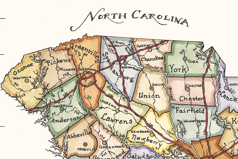 South Carolina Map, SC State Map, Charleston Coastal Map, Hand-drawn ...