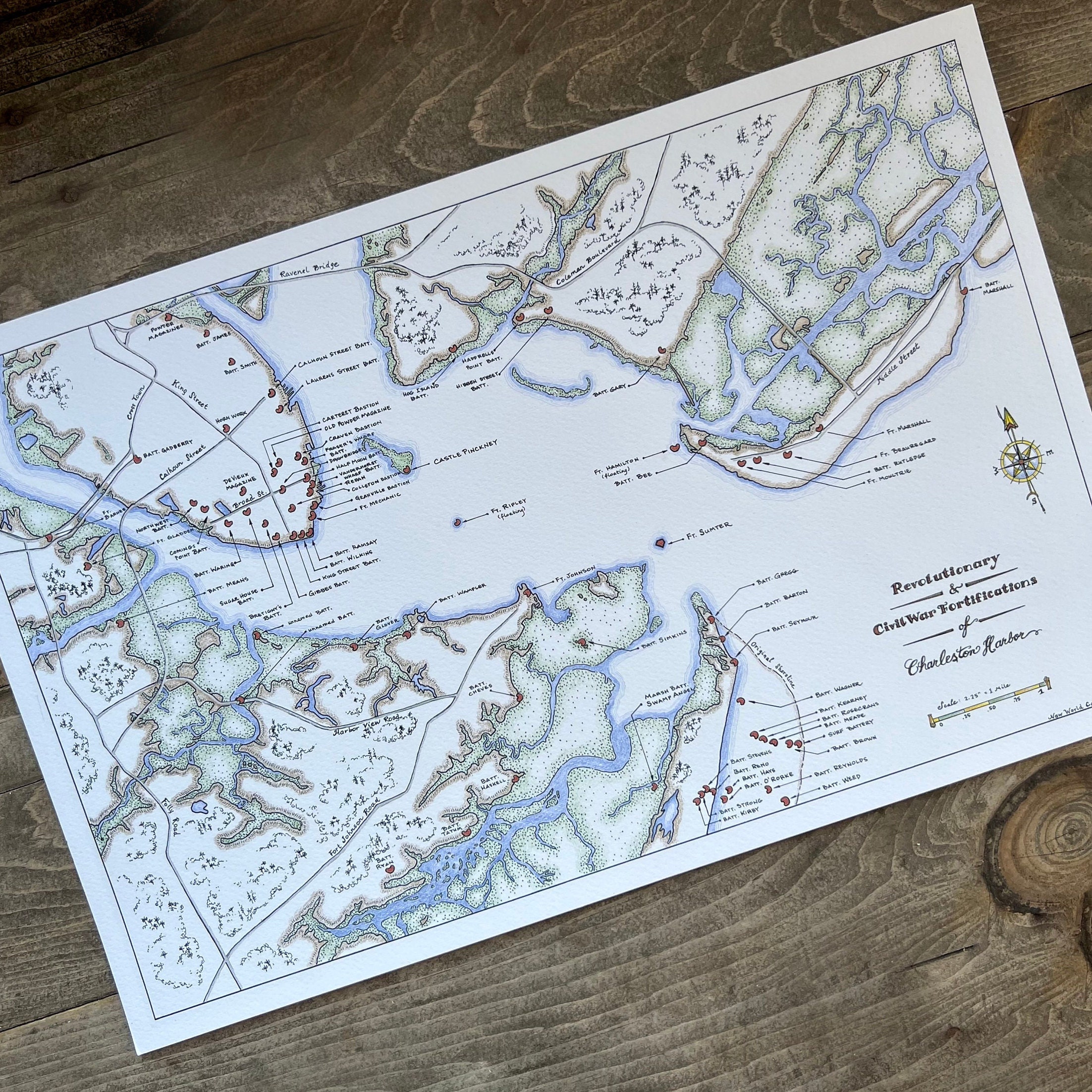 Wartime Map, Revolutionary and Civil War Forts, Charleston Harbor, Hand ...