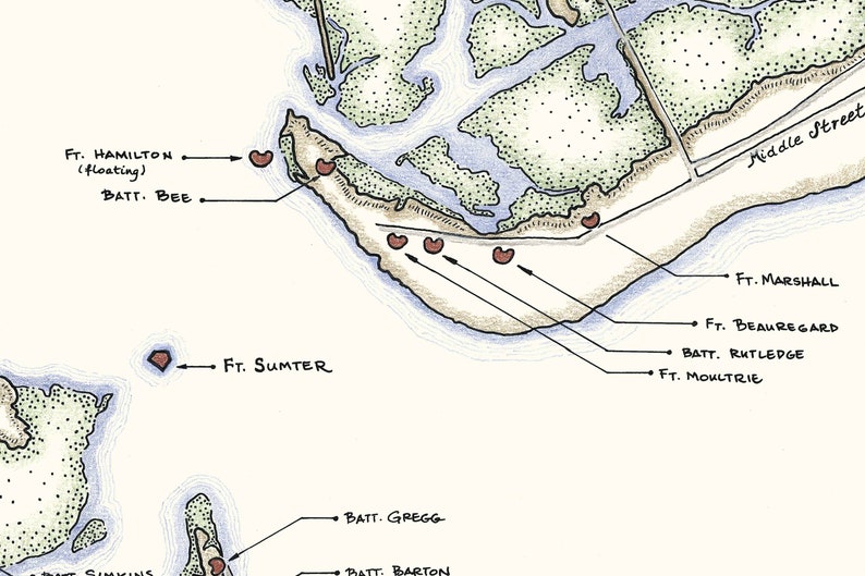 Wartime Map, Revolutionary and Civil War Forts, Charleston Harbor, Hand ...