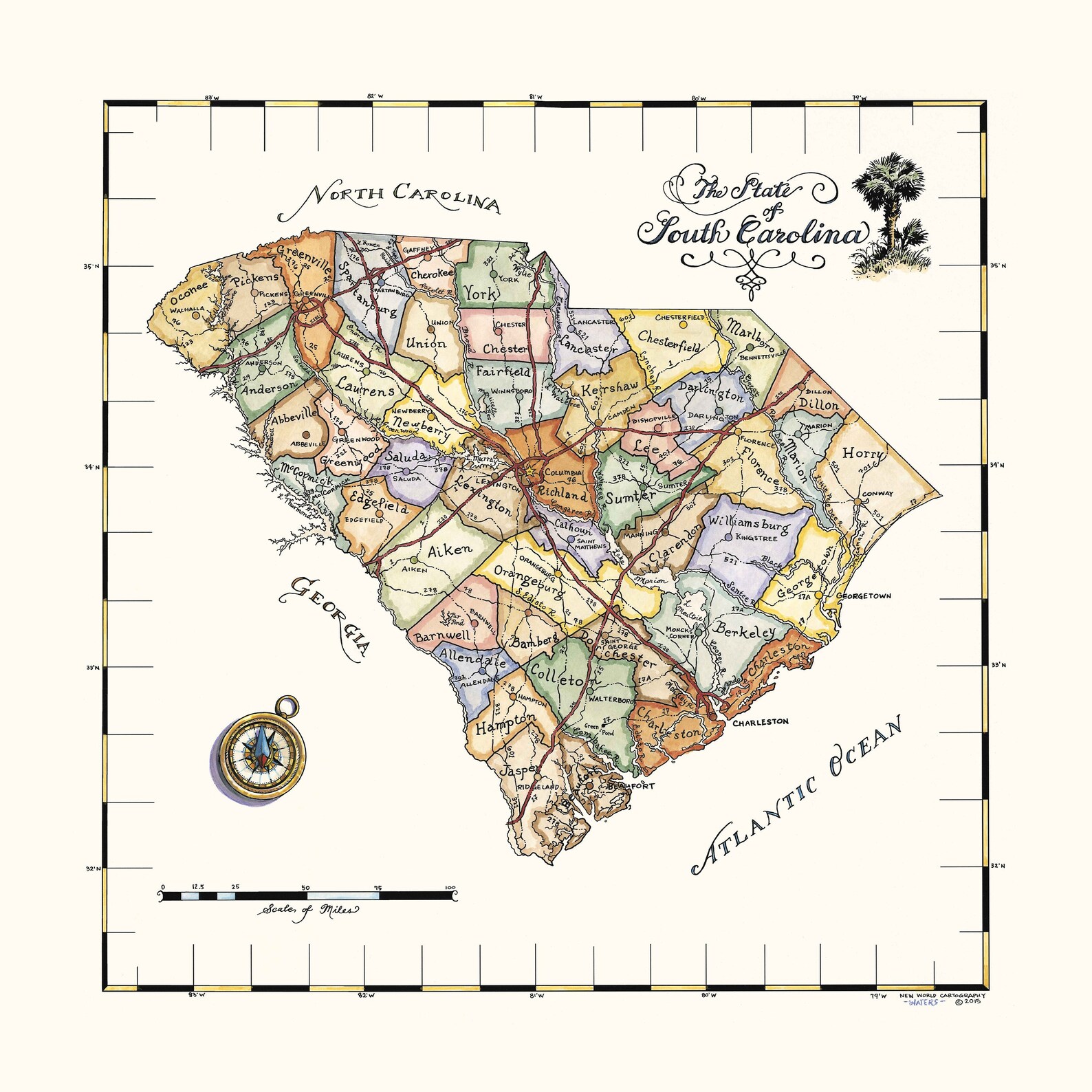 South Carolina Map, SC State Map, Charleston Coastal Map, Hand-drawn ...