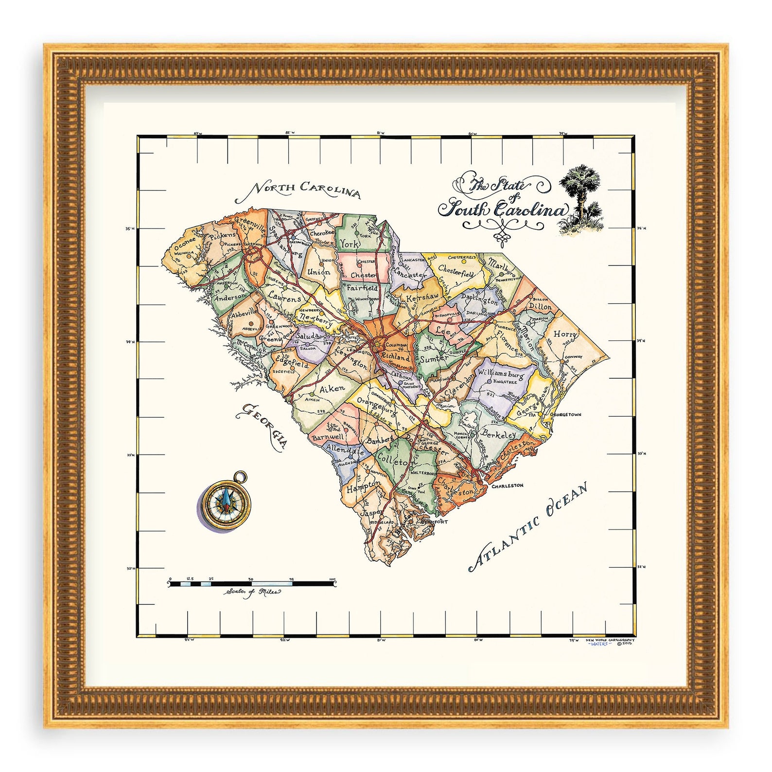 South Carolina Map, SC State Map, Charleston Coastal Map, Hand-drawn ...