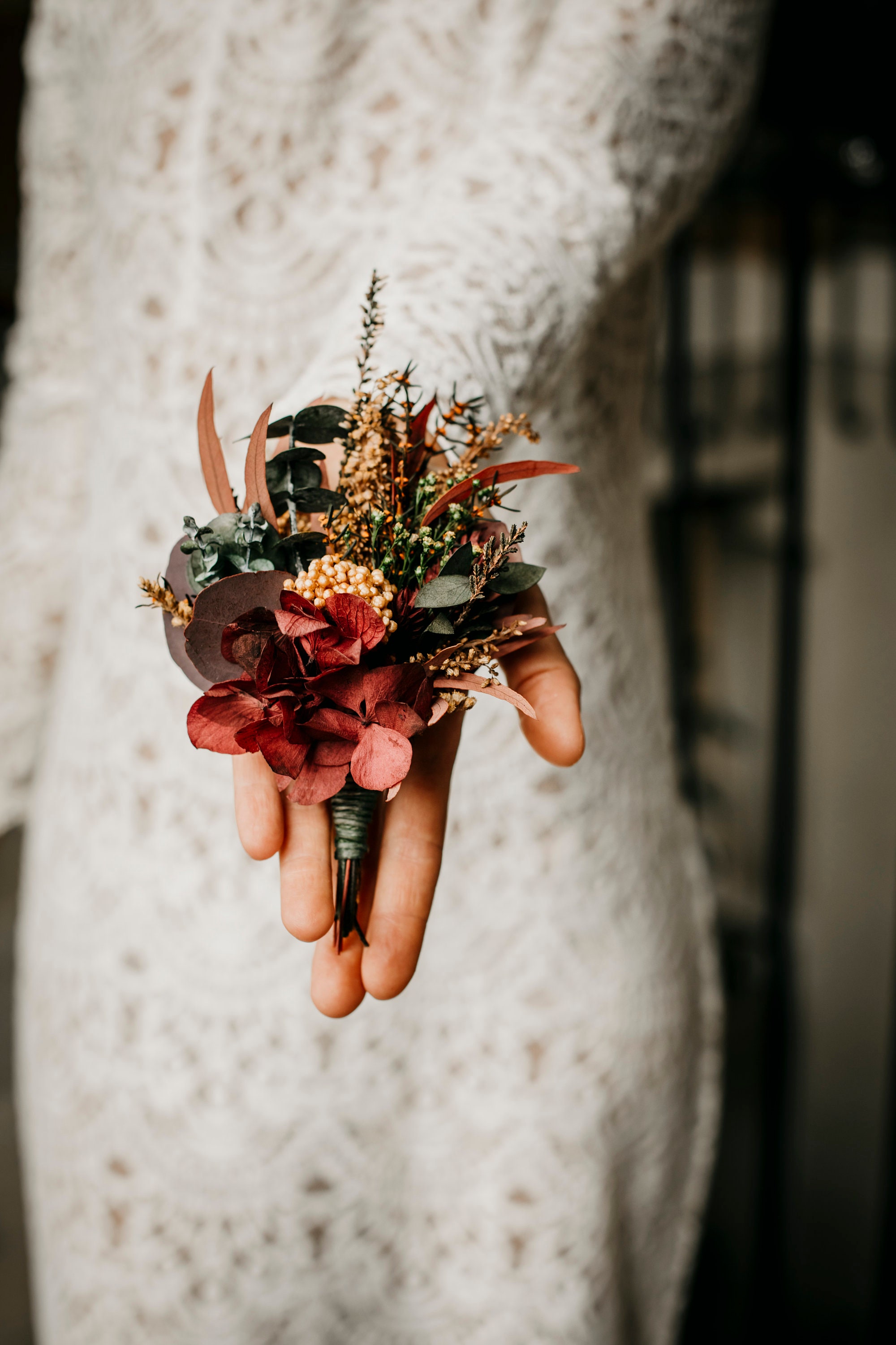 MAKHANI Buttonhole | Red Burgundy Hydrangea Autumn-orange Wedding ...