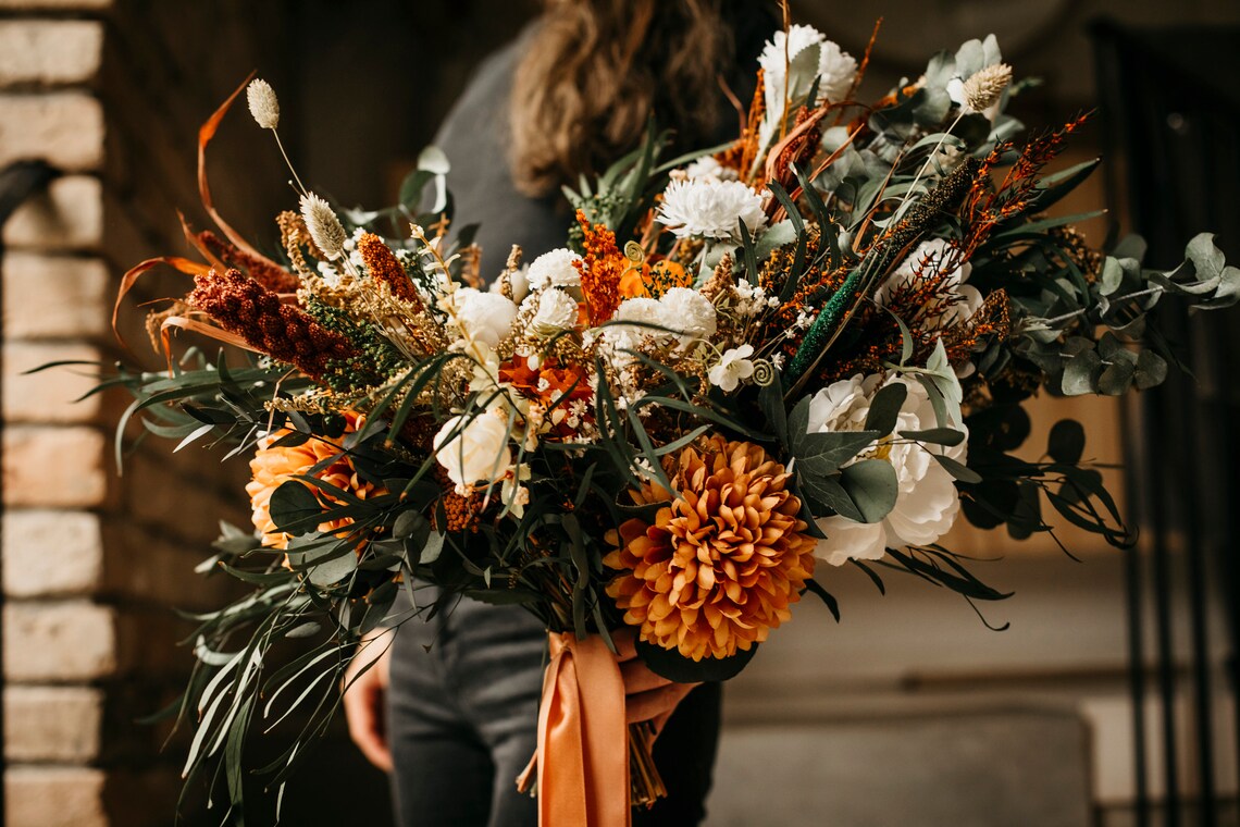 JEMIMA Bouquet | Wild Orange Brown White Greenery Wedding Bouquet ...