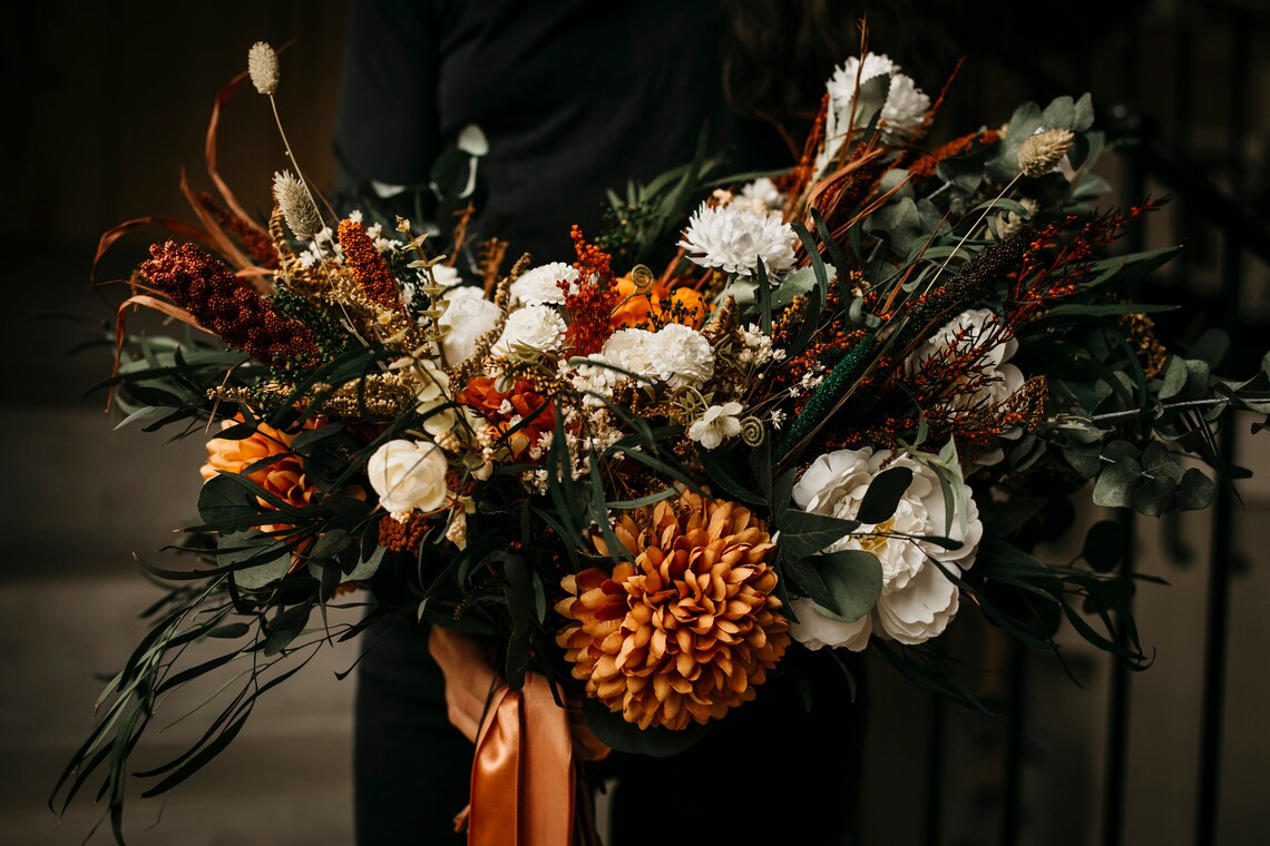 JEMIMA Bouquet | Wild Orange Brown White Greenery Wedding Bouquet ...