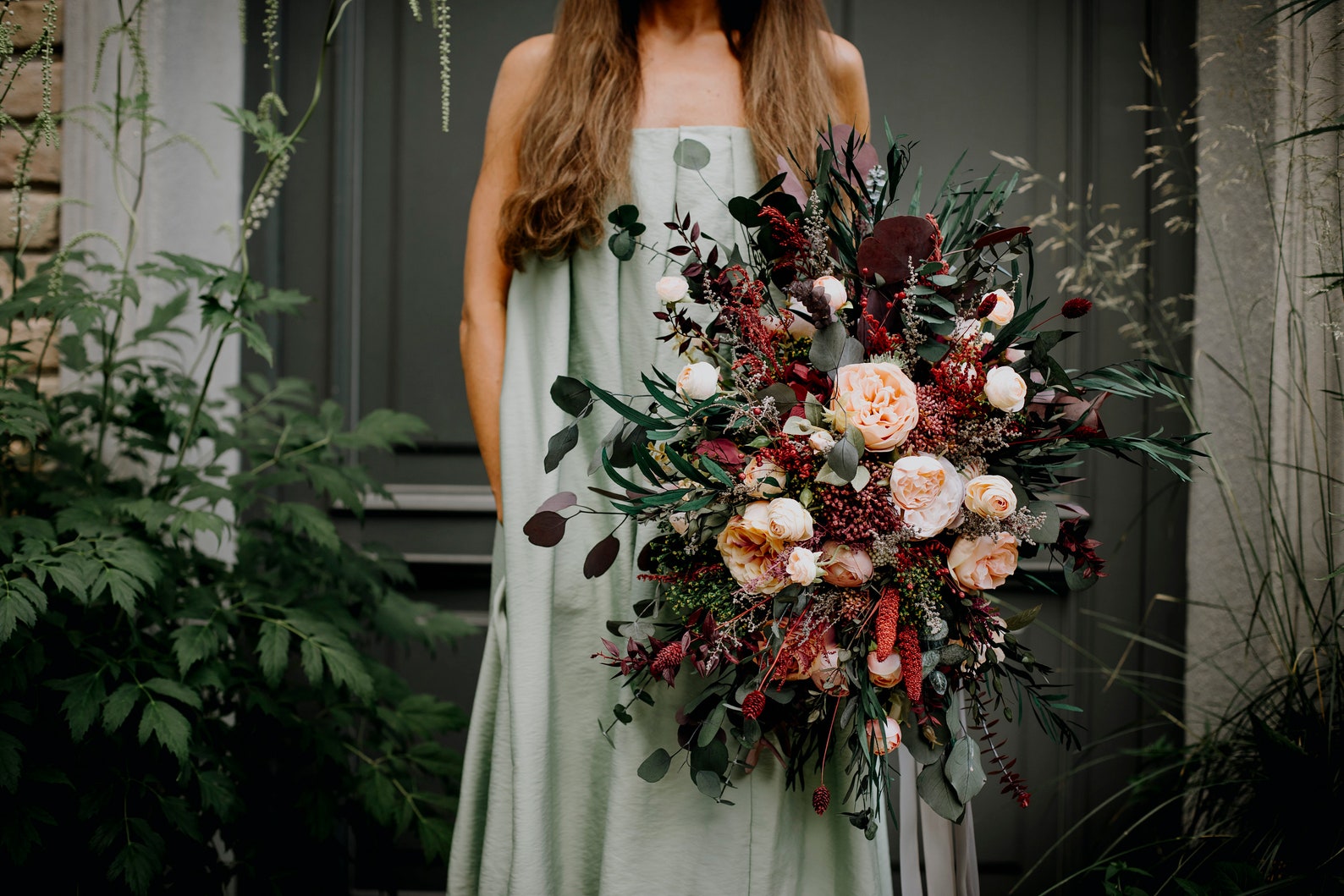 SLAVENA Bouquet Ivory Light Peach Burgundy Larger Bouquet / Boho Floral ...
