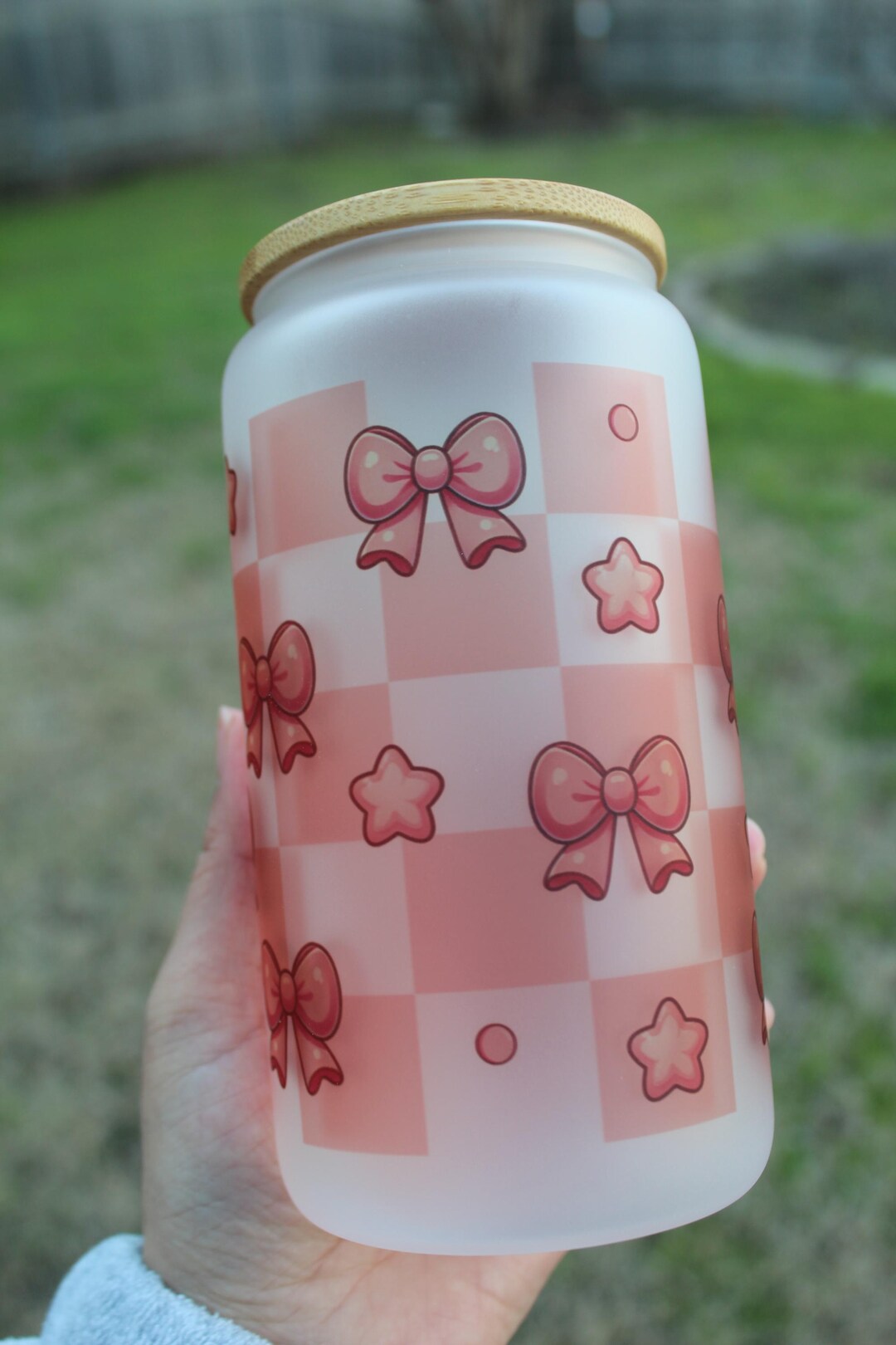 Pink Bows and Stars Checker Iced Coffee Cup, Valentines Day Cup, Pink ...