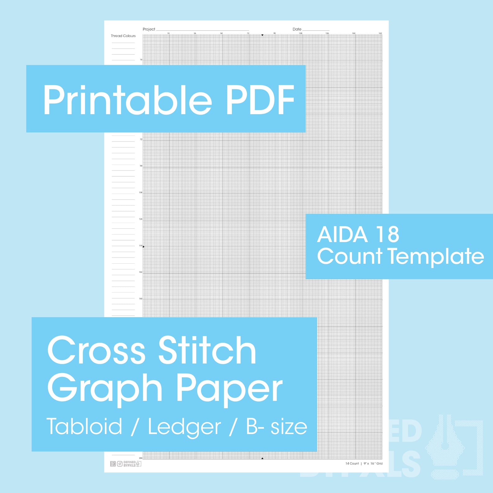 PRINTABLE | Aida 18 Cross Stitch Graph Paper | Tabloid / Ledger / B ...