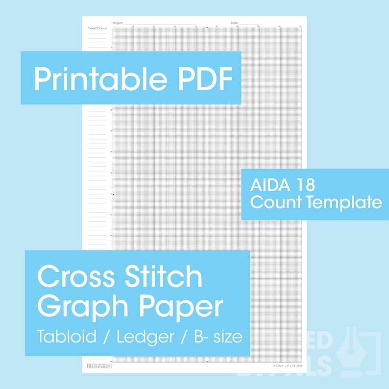 PRINTABLE | Aida 18 Cross Stitch Graph Paper | Tabloid / Ledger / B ...