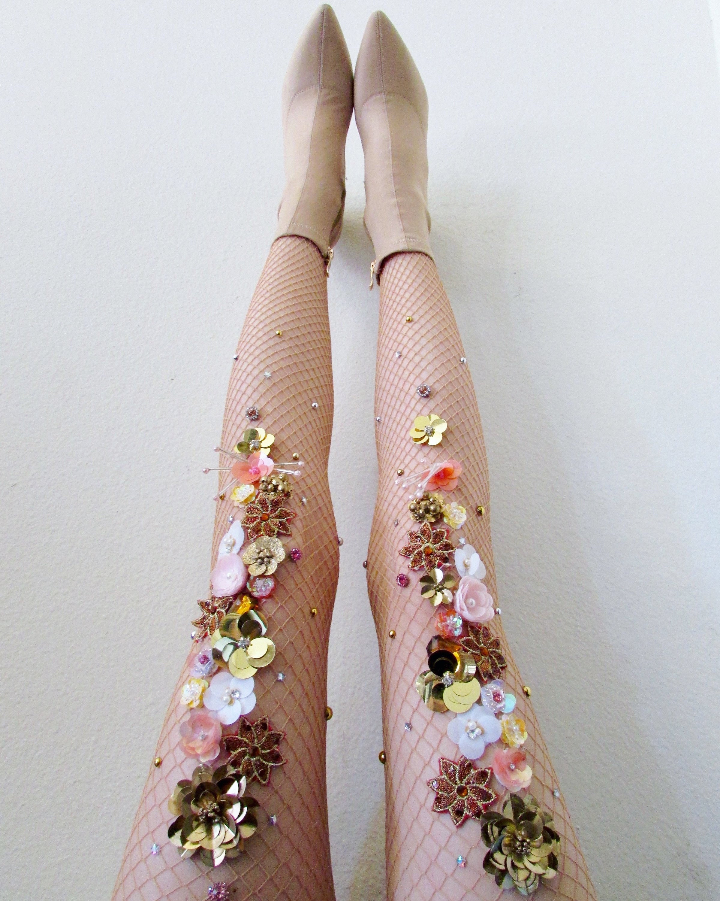 Peachy Coral Sequin Floral Fishnets | Etsy